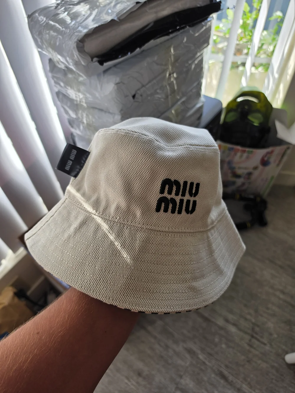 Miu Miu | Accessories | Miu Miu Cream Canvas Bucket Hat With Black Logo ...